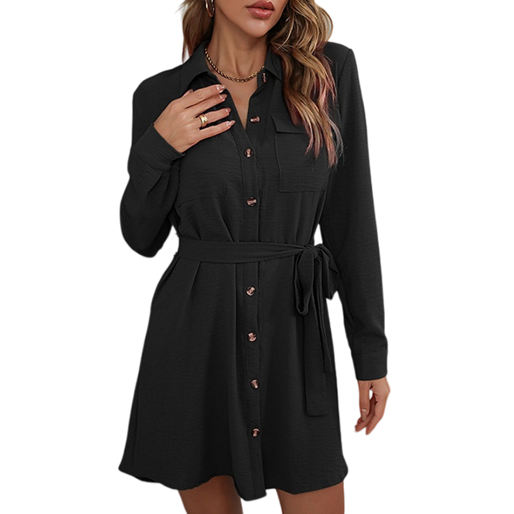 Black Button Down Tie Waist Pocket Shirt Dress