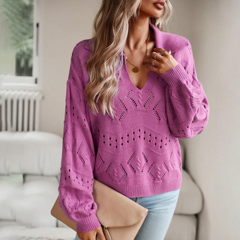 Purple Polo V Neck Long Sleeve Knit Sweater