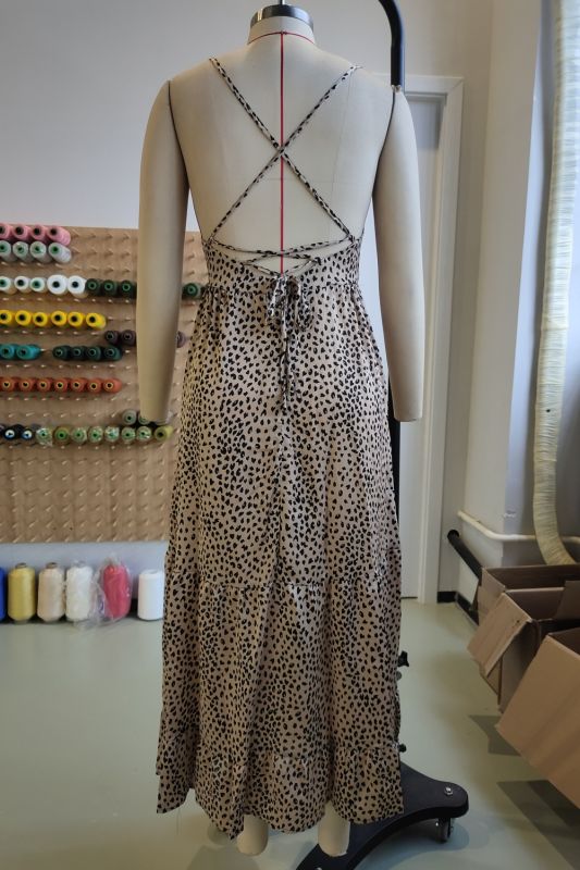 Khaki Leopard Print Spaghetti Straps V Neck Maxi Dress