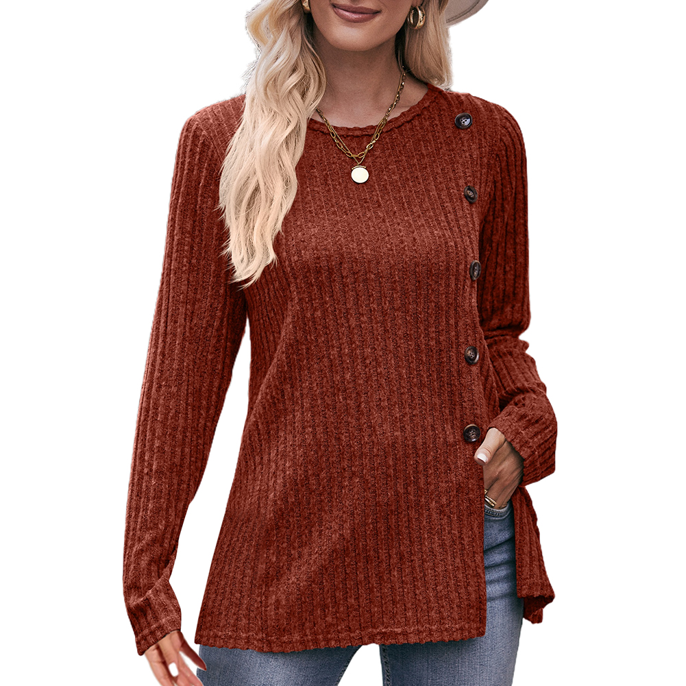 Caramel Ribbed Button Split Long Sleeve Tops