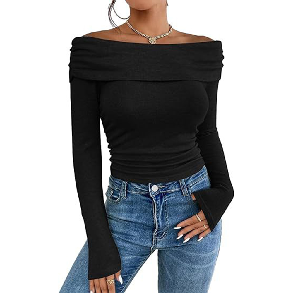 Black Off Shoulder Slim Fit Long Sleeve Tops
