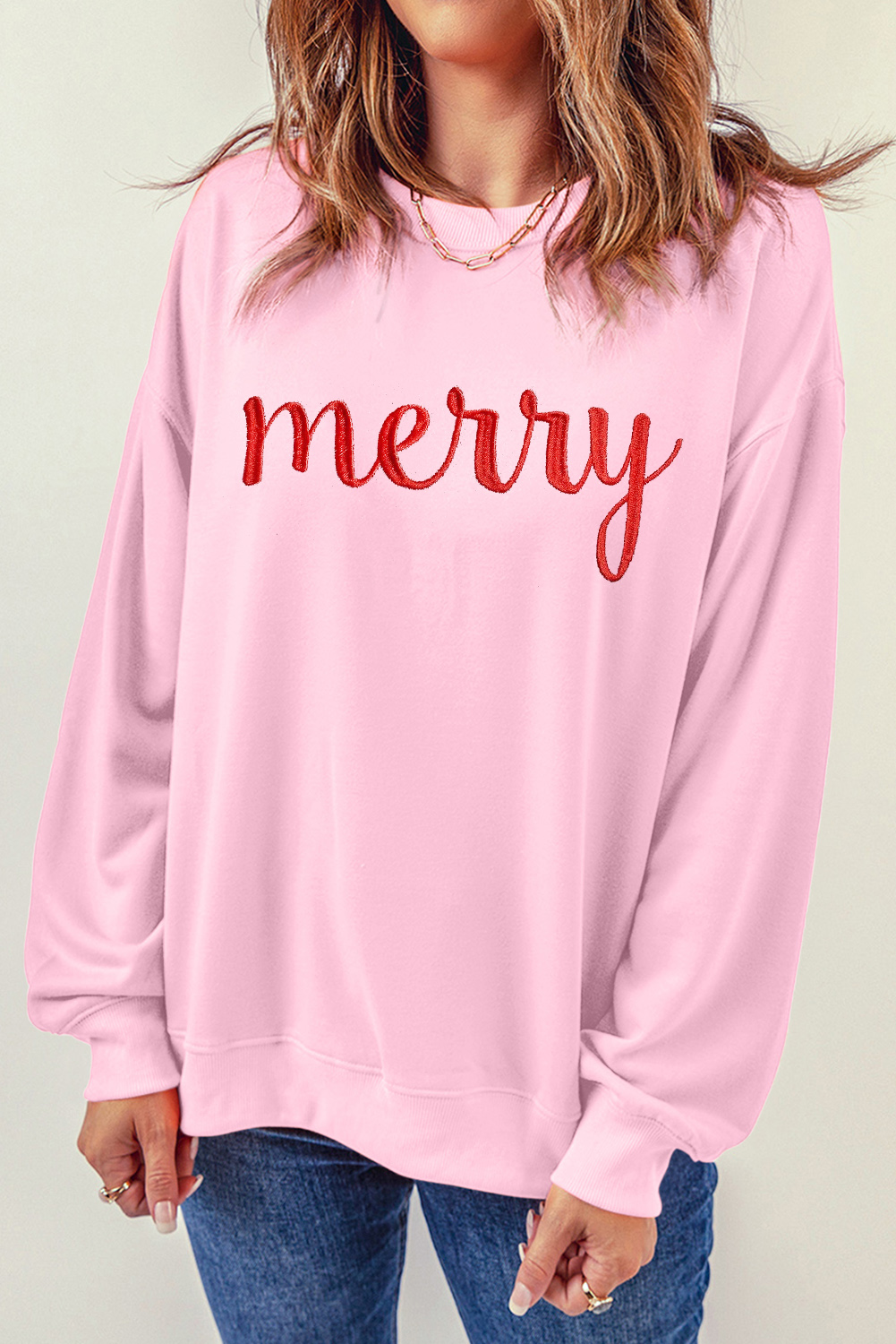 Pink merry Embroidered Drop Shoulder Sweatshirt