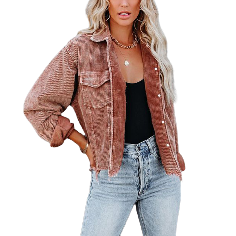 Caramel Solid Color Corduroy Raw Hem Jacket