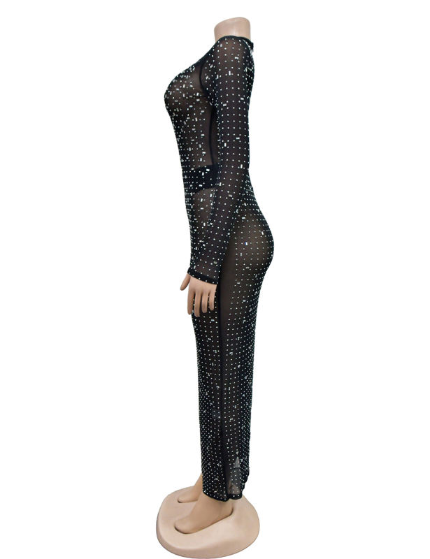 Black Sheer Mesh Rhinestones Long Sleeve Maxi Dress