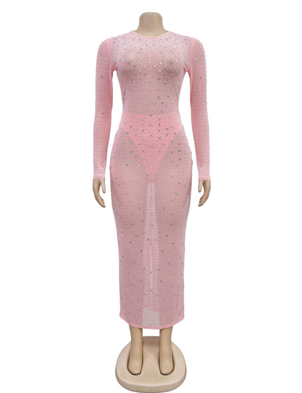 Pink Sheer Mesh Rhinestones Long Sleeve Maxi Dress