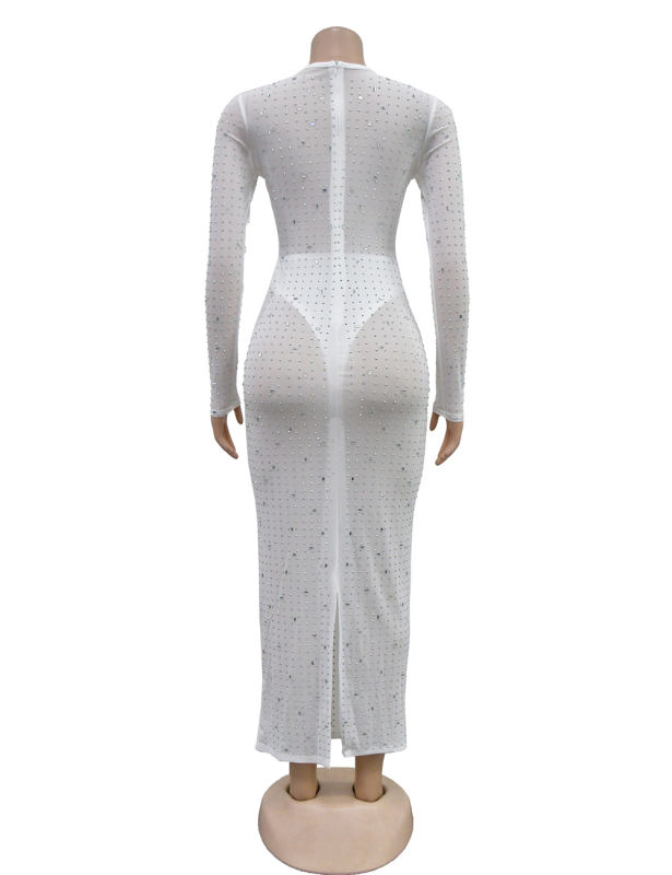 White Sheer Mesh Rhinestones Long Sleeve Maxi Dress