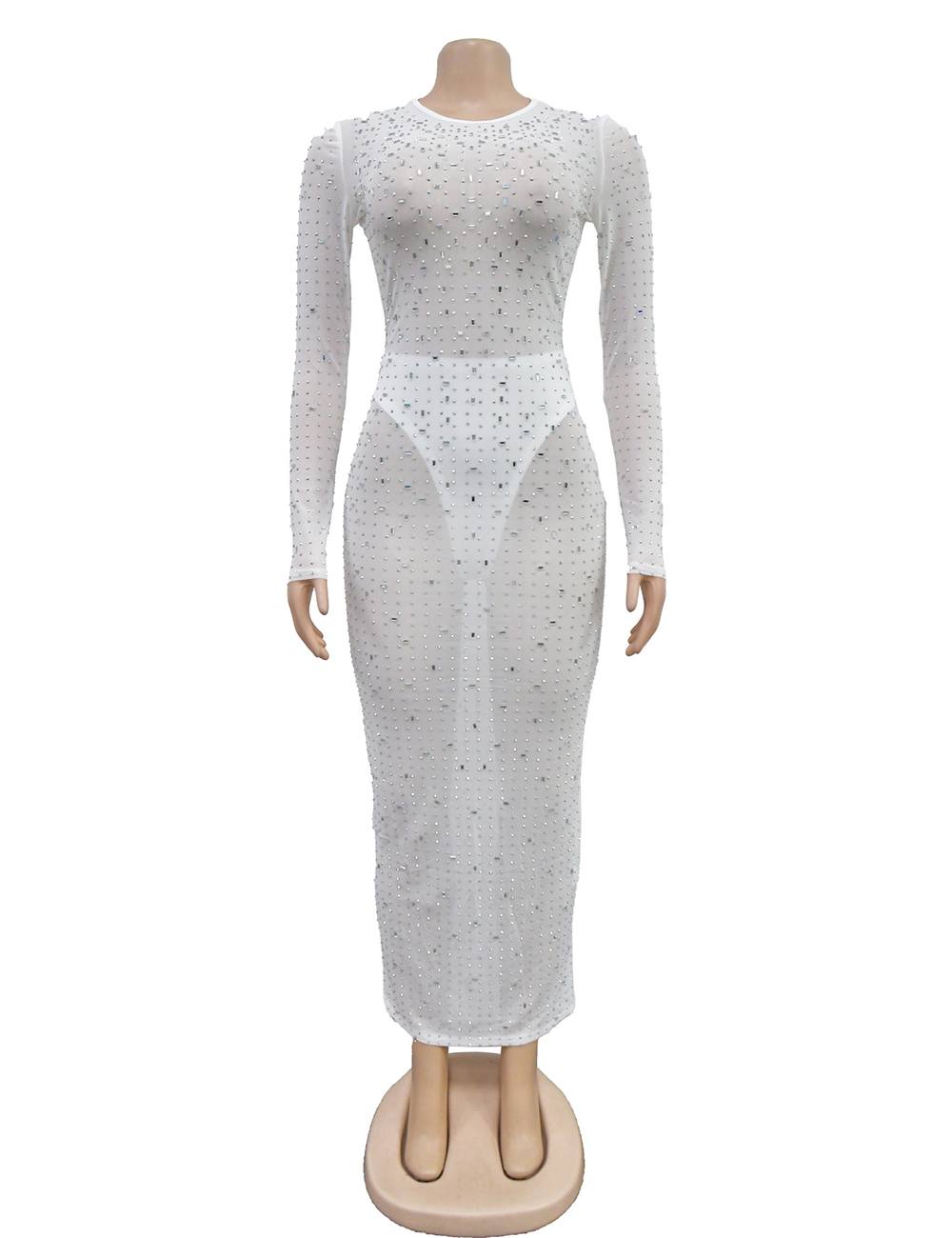 White Sheer Mesh Rhinestones Long Sleeve Maxi Dress