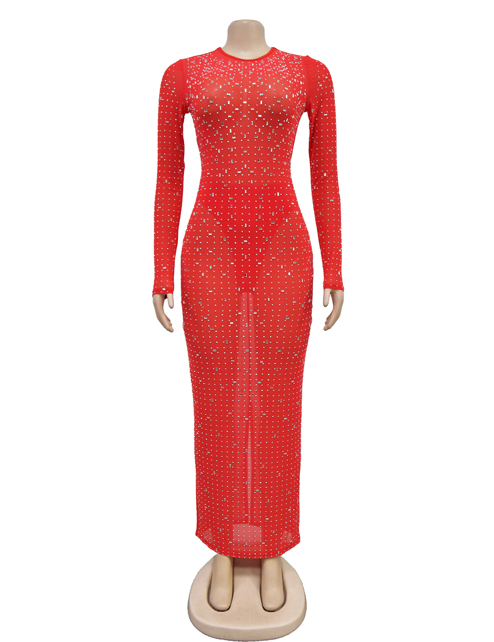 Red Sheer Mesh Rhinestones Long Sleeve Maxi Dress