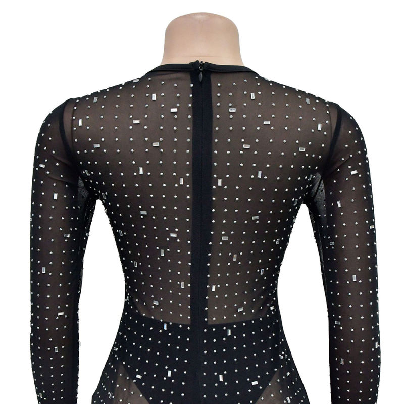 Black Sheer Mesh Rhinestones Long Sleeve Maxi Dress