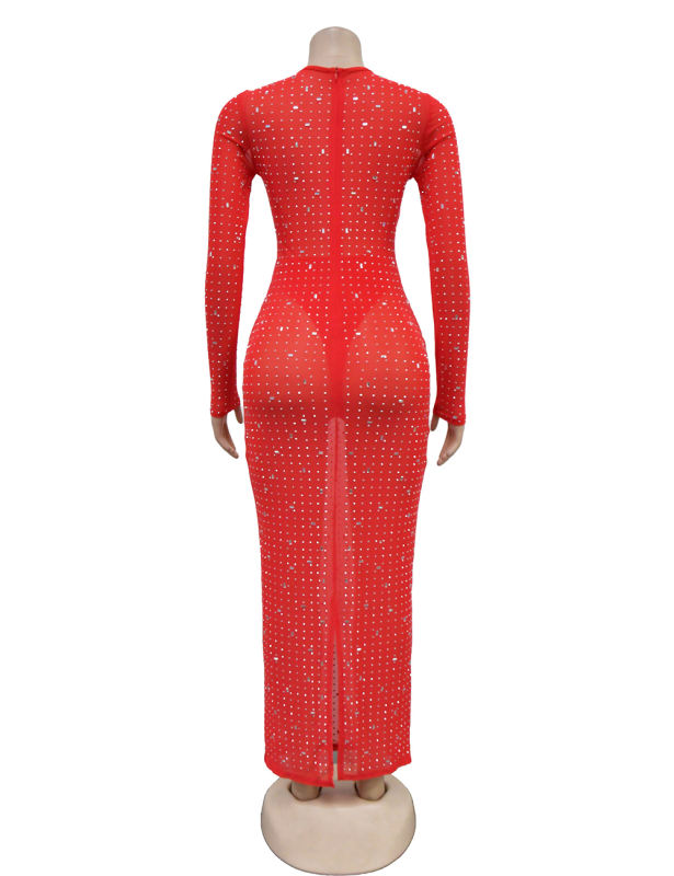Red Sheer Mesh Rhinestones Long Sleeve Maxi Dress