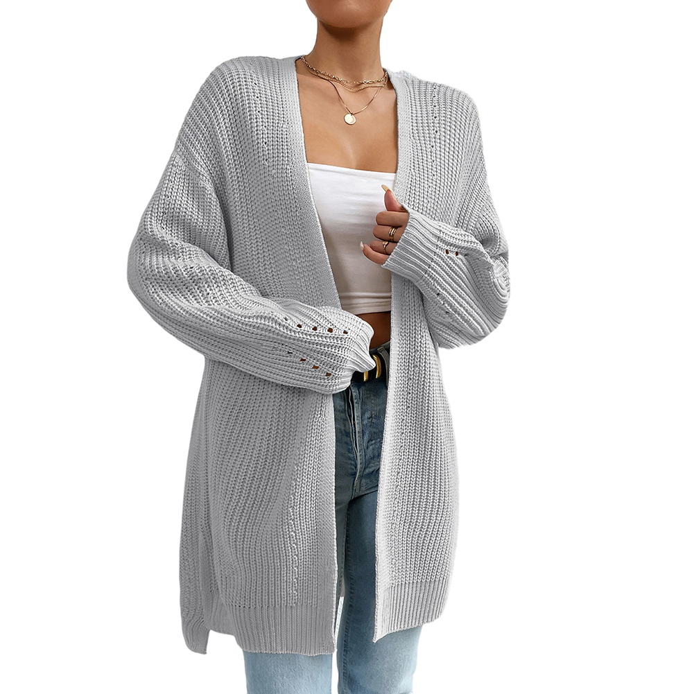 Gray Side Split Open Front Knit Cardigan