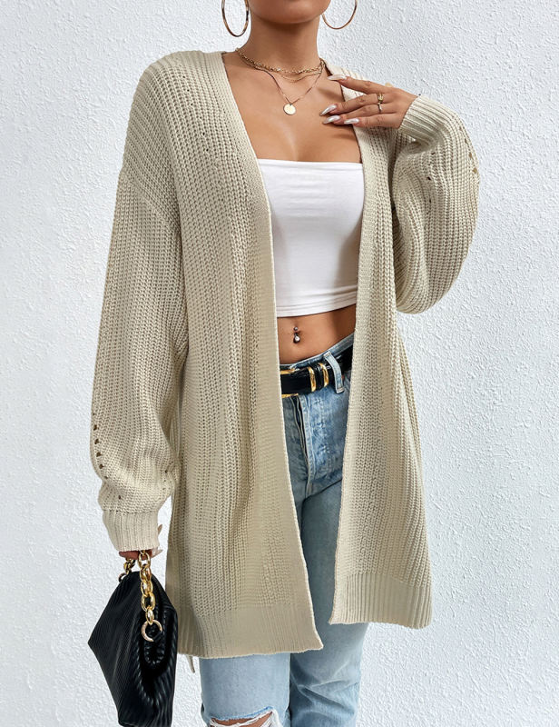 Apricot Side Split Open Front Knit Cardigan