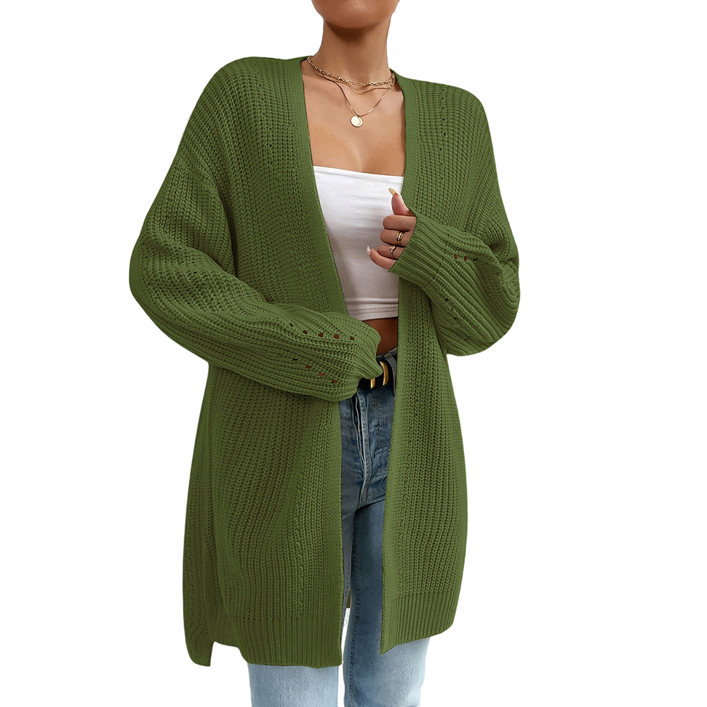 Green Side Split Open Front Knit Cardigan