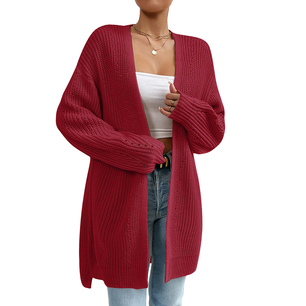 Wine Red Side Split Open Front Knit Cardigan