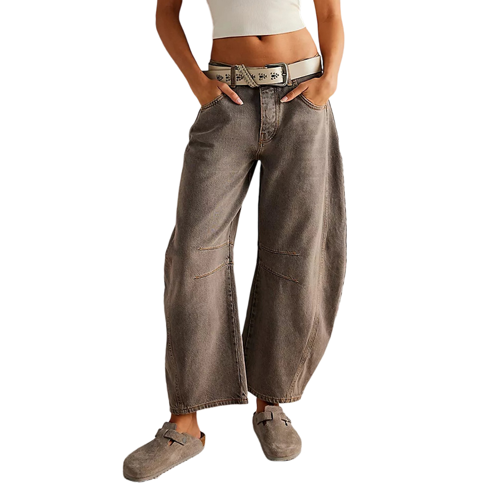 Light Coffee Mid-rise Wide Leg Washed Denim Pants