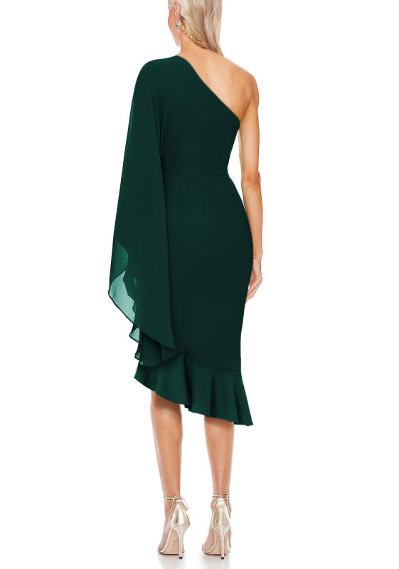 Dark Green One Shoulder Ruffle Hem Party Dress