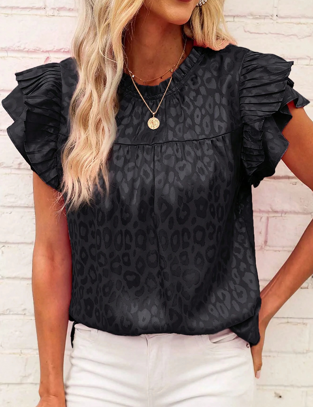 Black Leopard Print Ruffled Sleeve Blouse