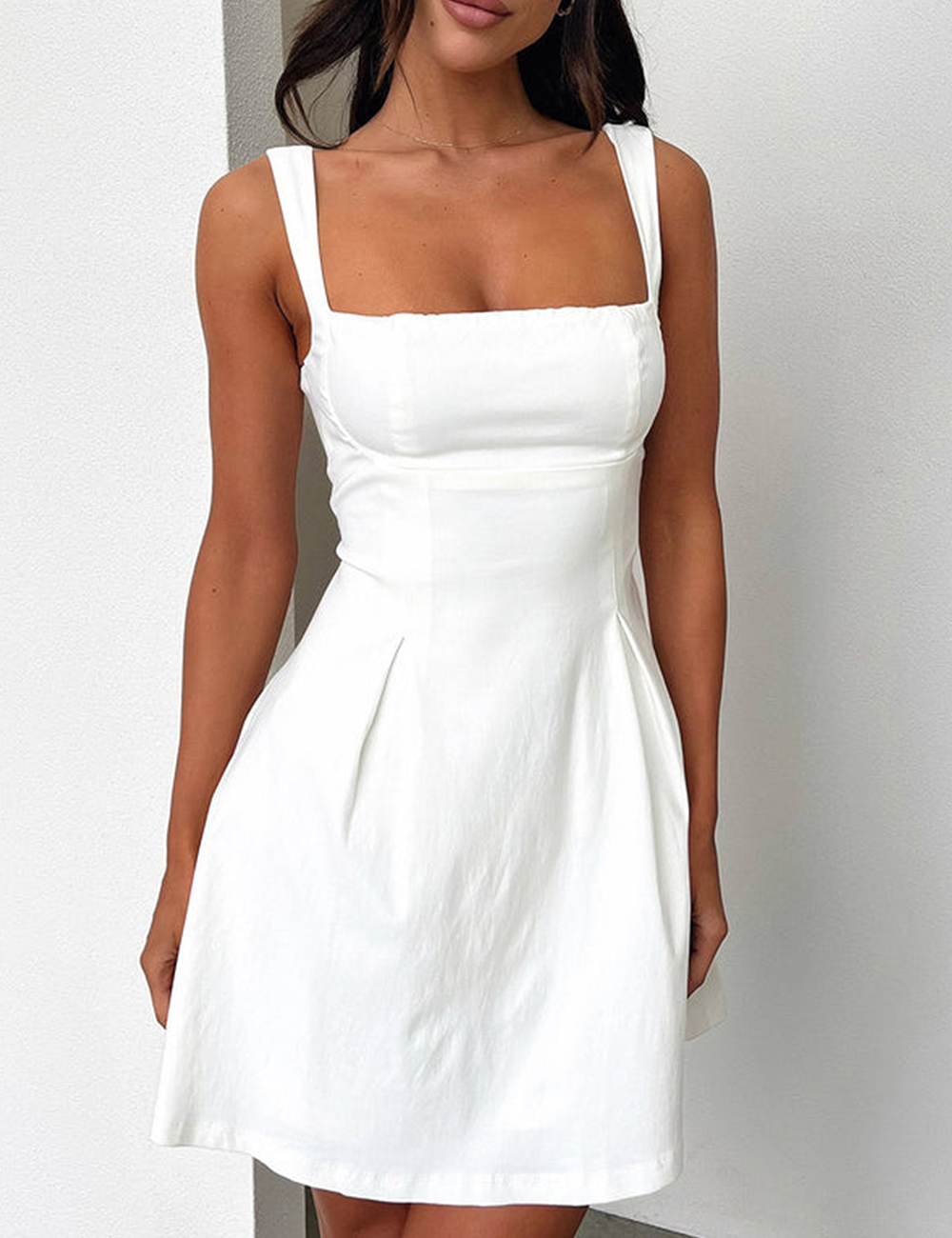 White Square Neck Back Lace-up Sleeveless Mini Dress