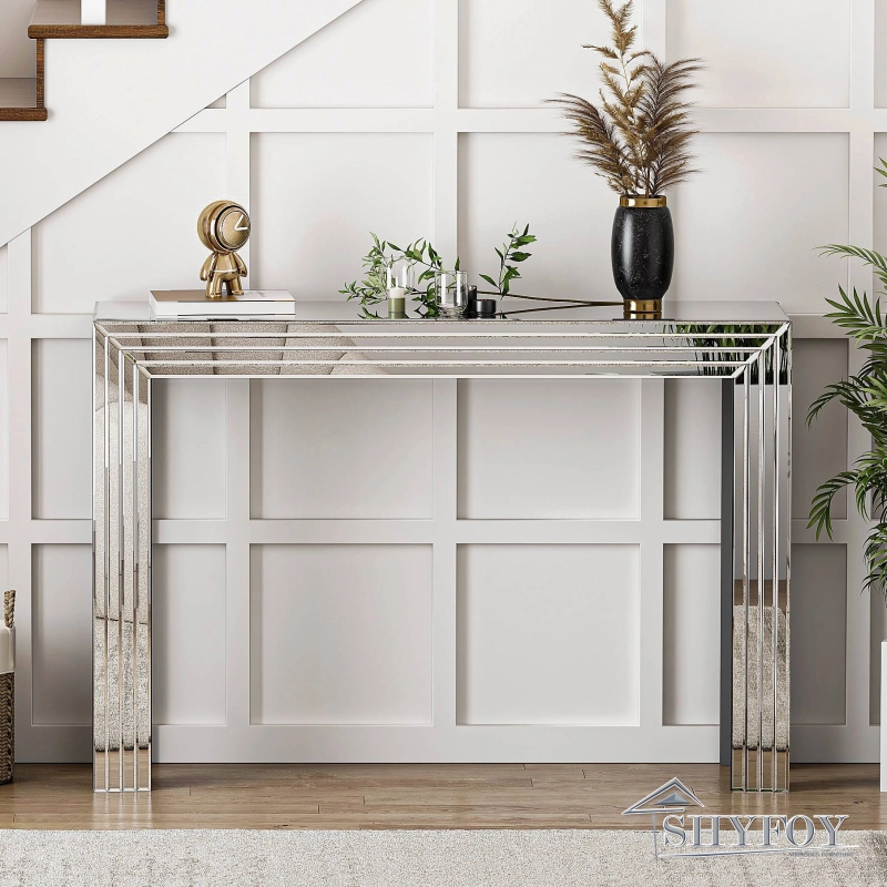 SHYFOY Mirrored Console Table,Silver Entryway Table with Line Design ...