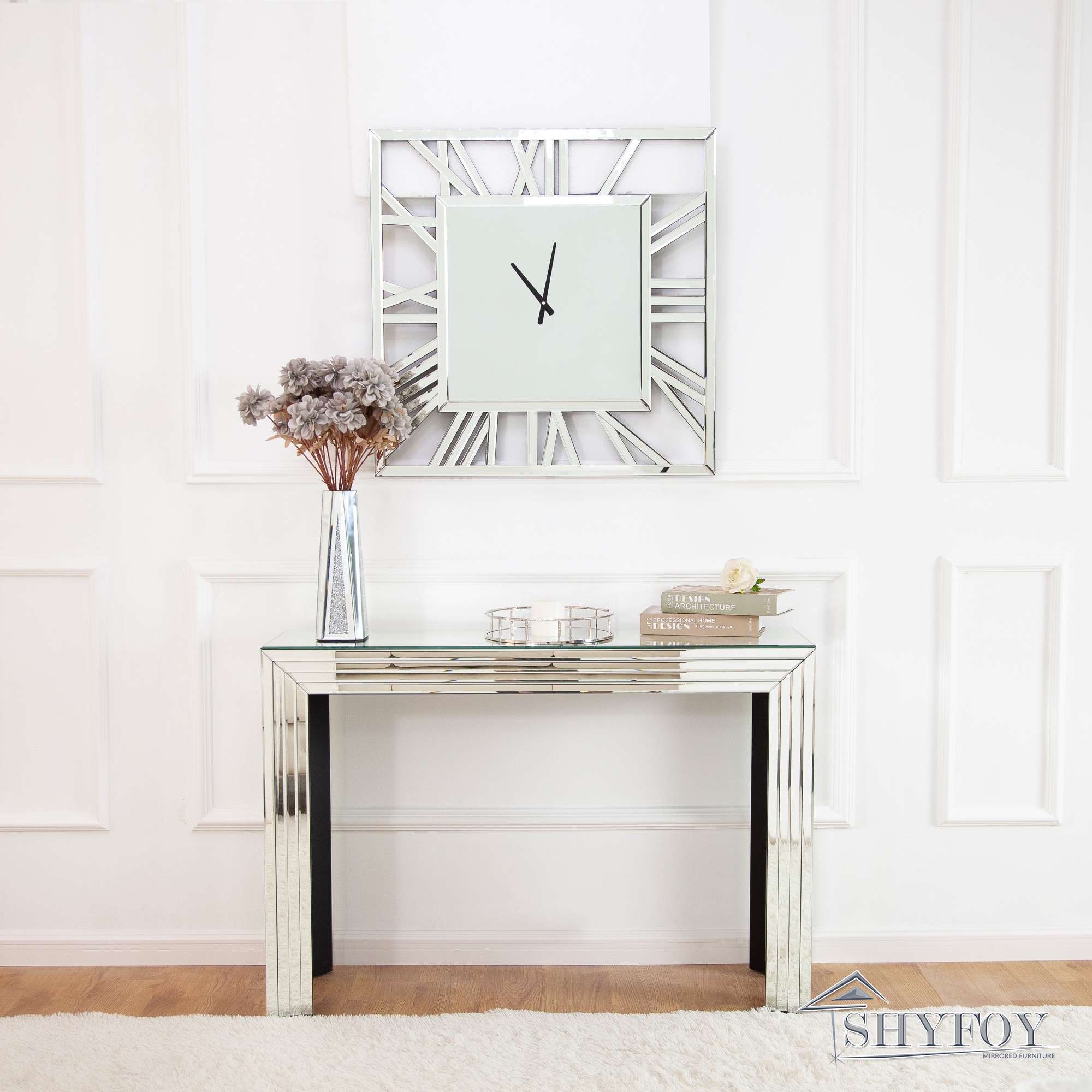 SHYFOY Mirrored Console Table,Silver Entryway Table with Line Design ...