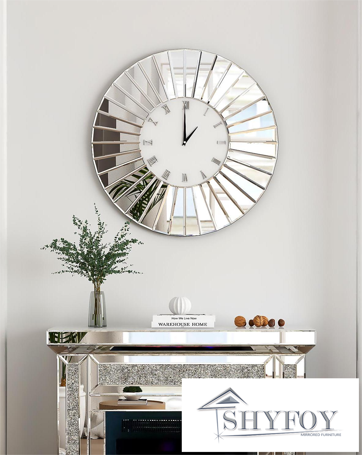 SHYFOY Mirrored Wall Clocks Decor Sparkly Big Decorative Wall Clock ...