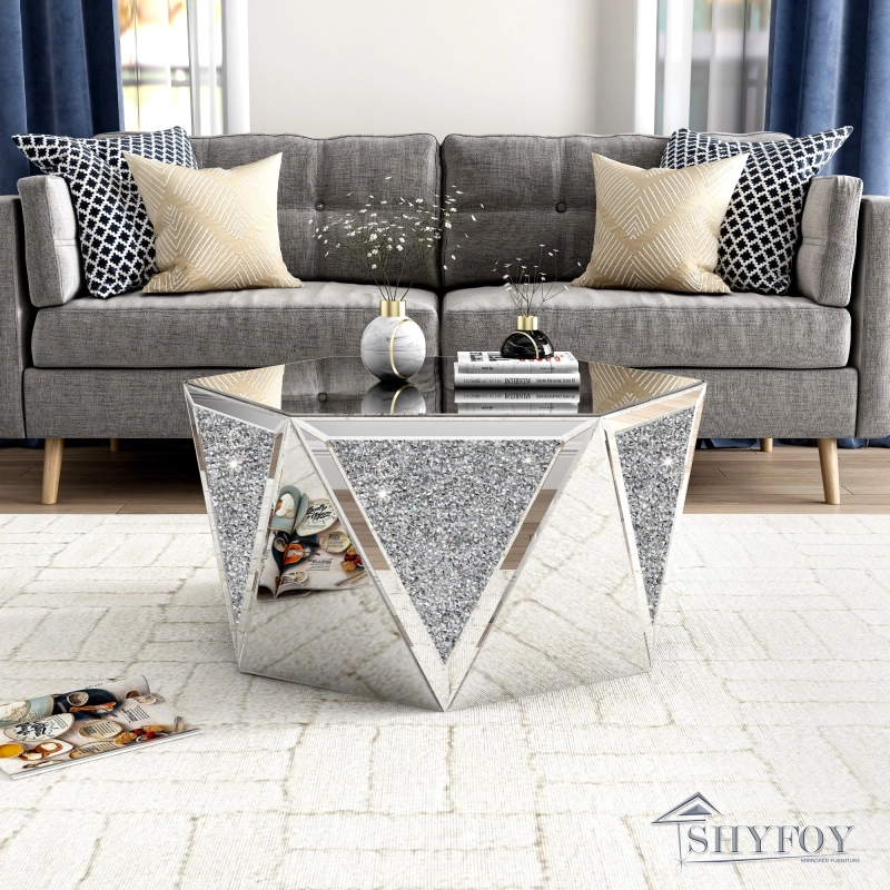 SHYFOY Mirrored Coffee Table with Crystal Inlay, 31.5'' Modern Drum ...