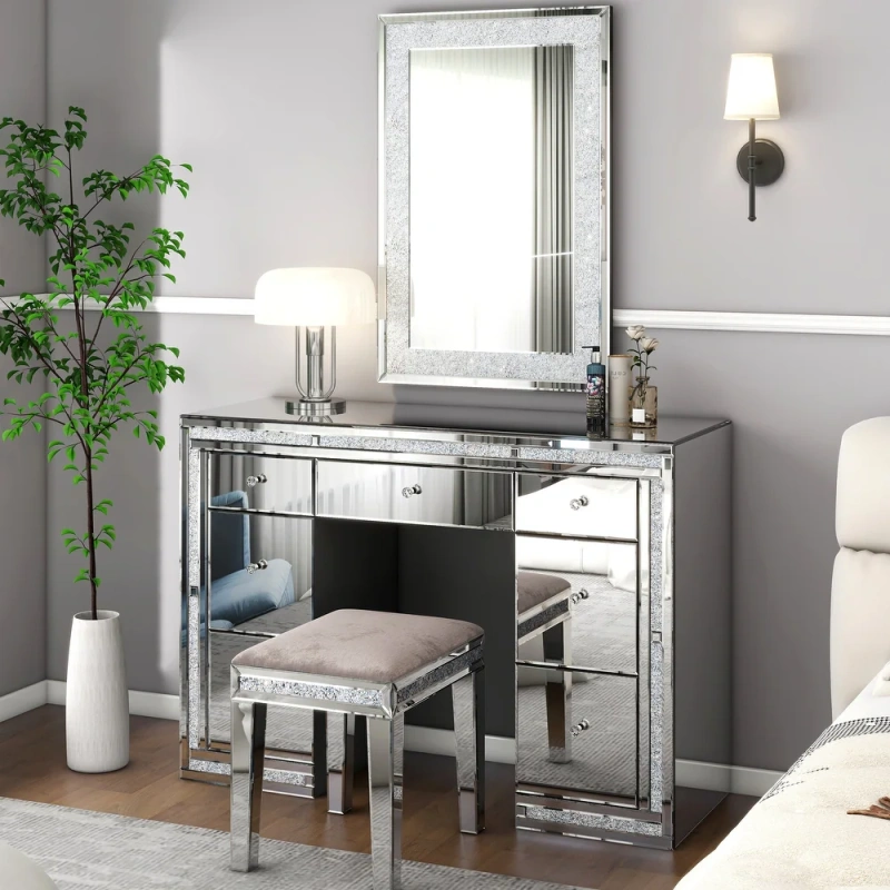 SHYFOY 7-Drawer Mirrored Vanity Dressing Makeup Table with Sparkling Diamond