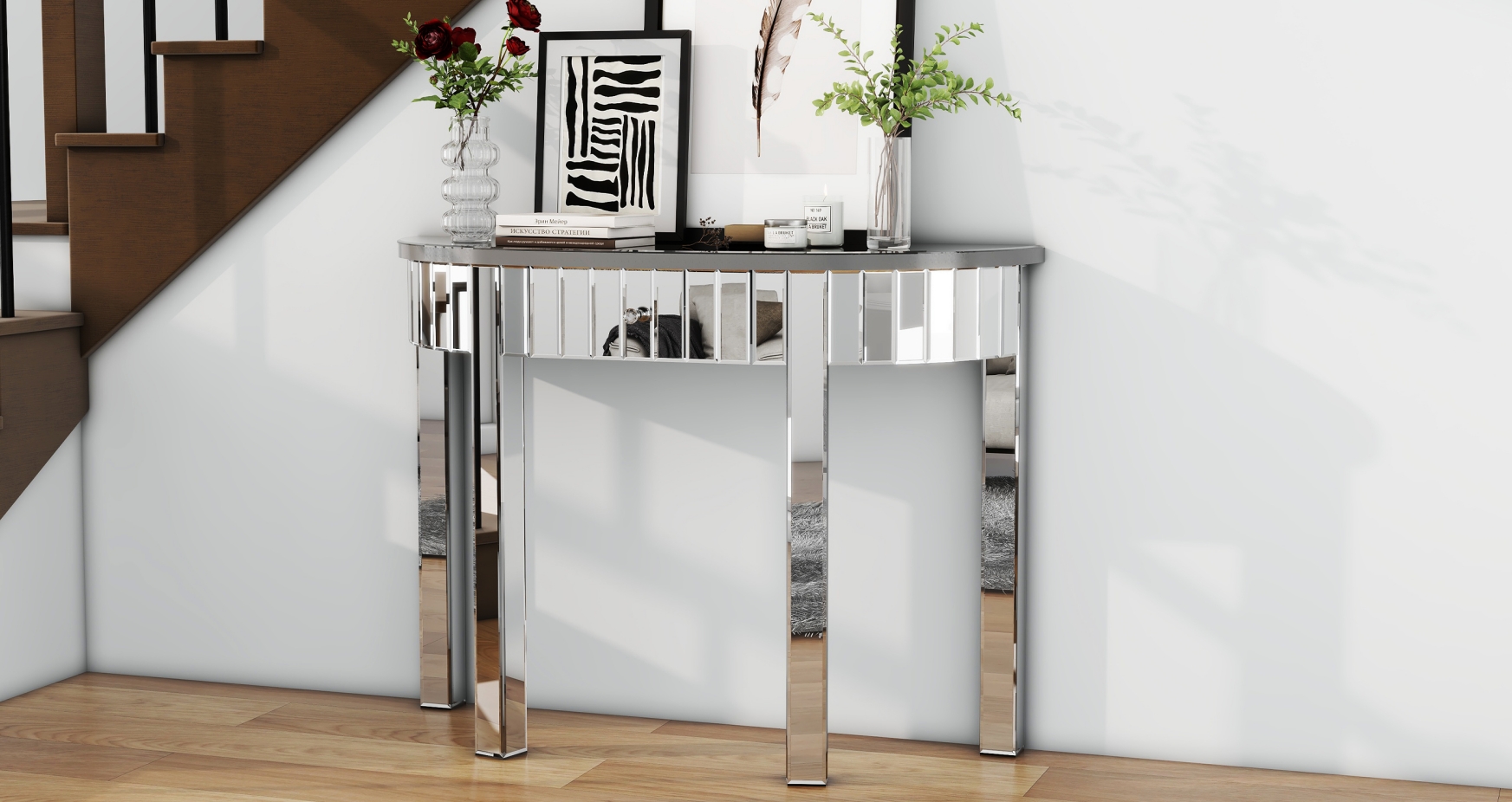 Mirrored Half Moon Console Table, HD Glass Entryway Table with 1 Drawer ...