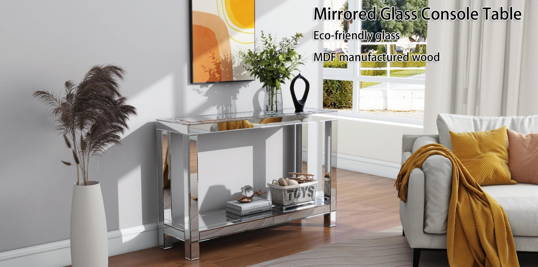 SHYFOY Modern Mirrored Crushed Diamond Console Table with Storage Shelf ...