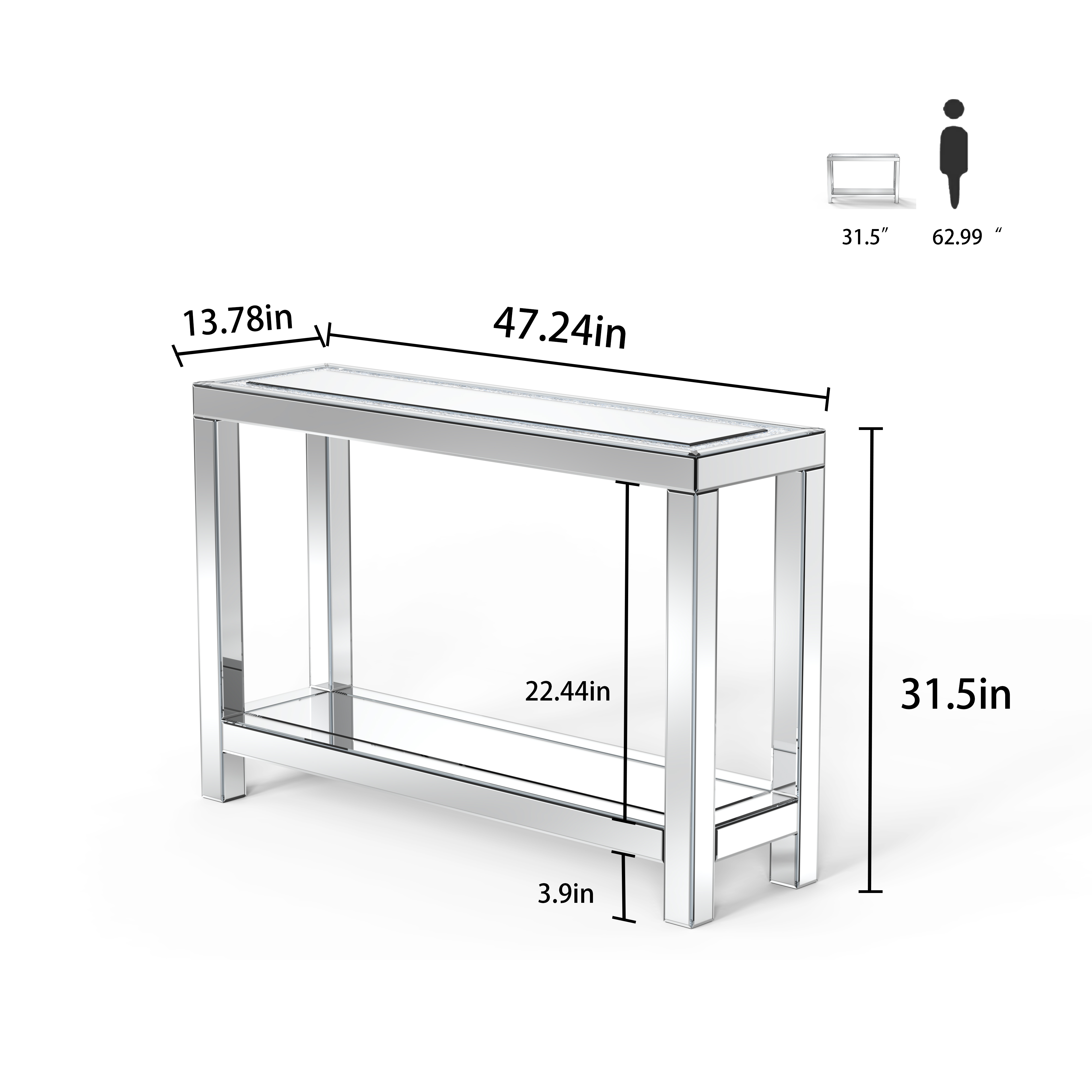 SHYFOY Modern Mirrored Crushed Diamond Console Table with Storage Shelf ...