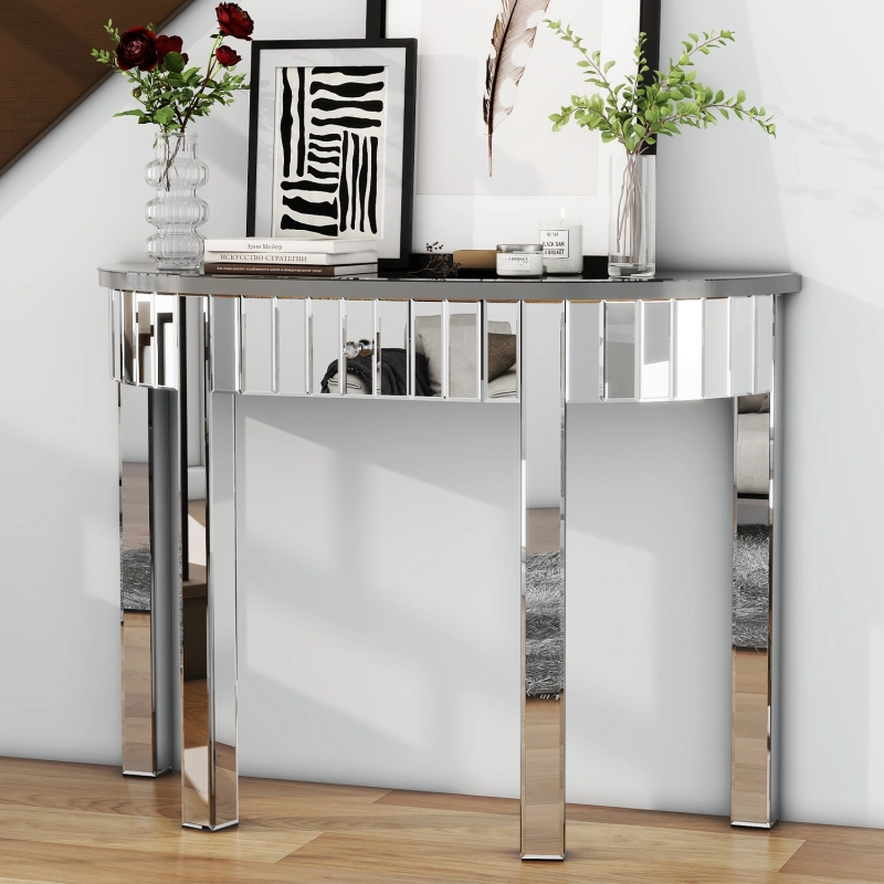 Mirrored Half Moon Console Table, HD Glass Entryway Table with 1 Drawer ...