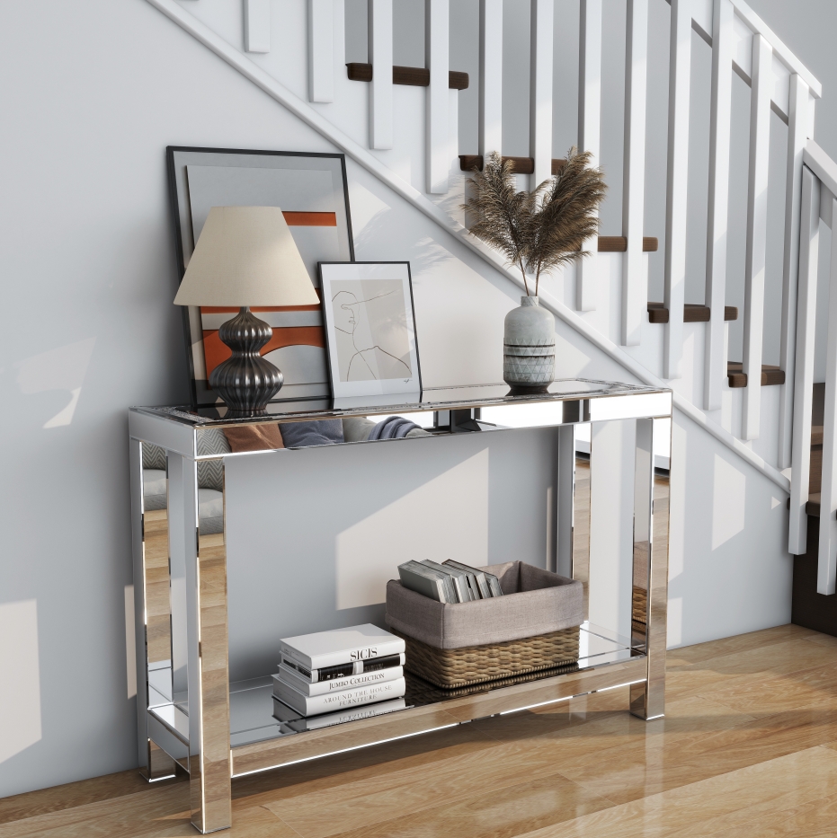 SHYFOY Modern Mirrored Crushed Diamond Console Table with Storage Shelf ...
