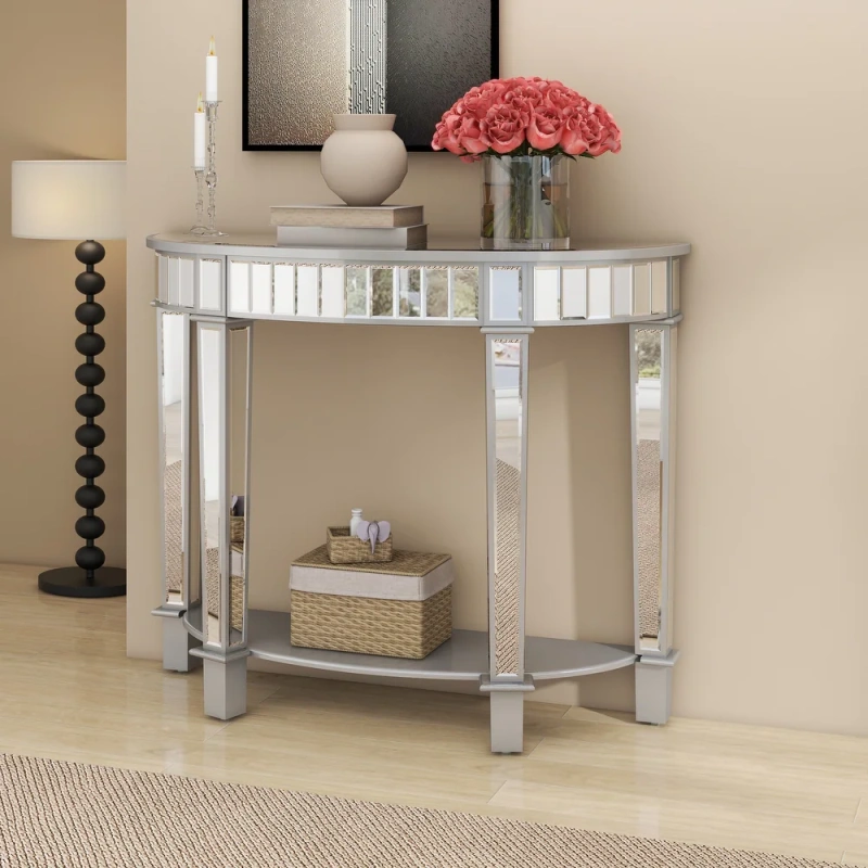 SHYFOY Mirror Circular Curved Sofa Console Table with Shelf