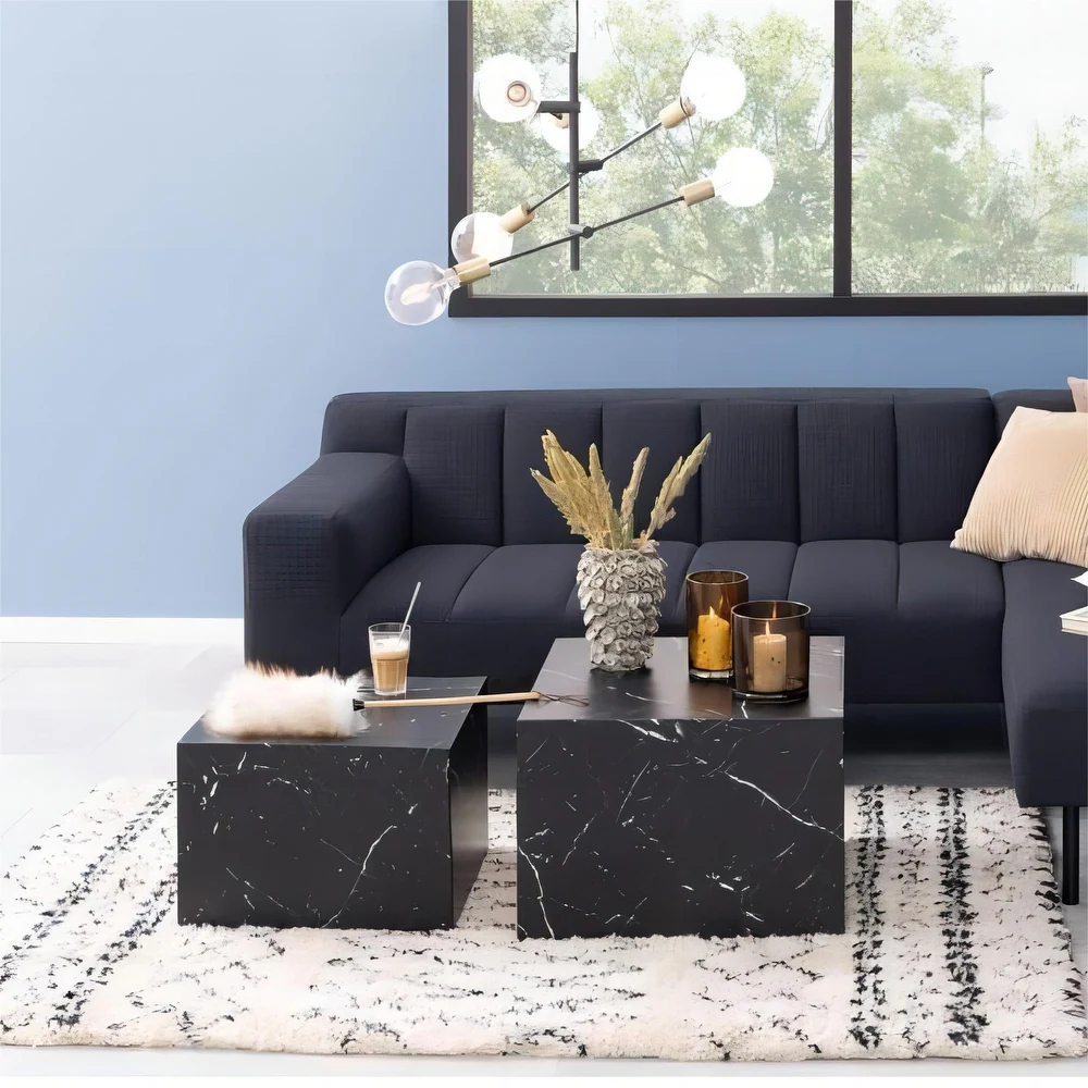 Black Marble MDF Square Coffee Table Fully Assembled, Sets of 2