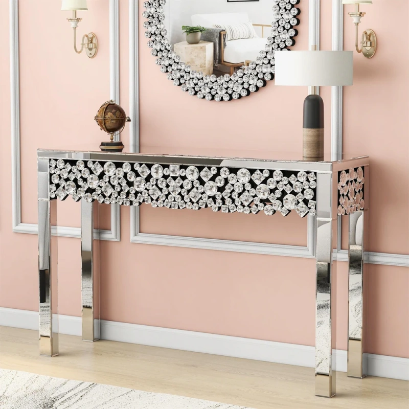Glam Mirrored Entryway Table Console Table with Crystal Frame