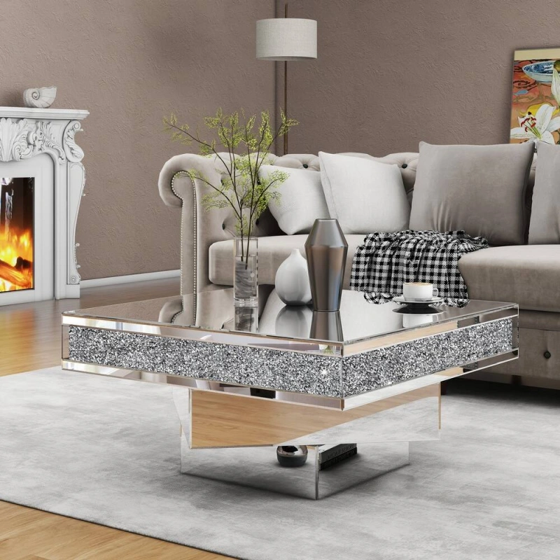 Glam Triple Mirror Diamond Coffee Table Accent Table