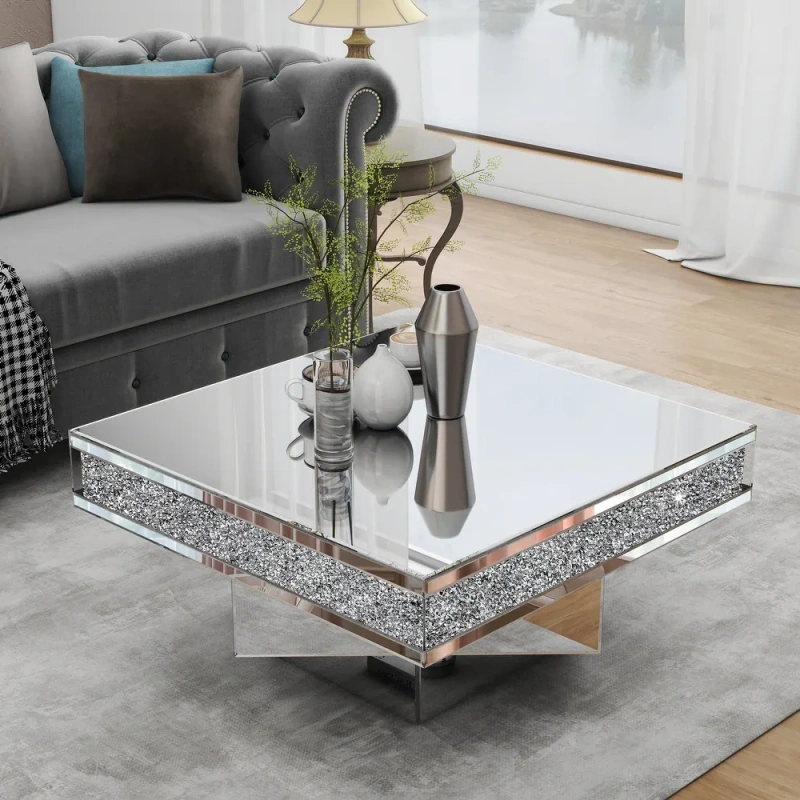 Glam Triple Mirror Diamond Coffee Table Accent Table