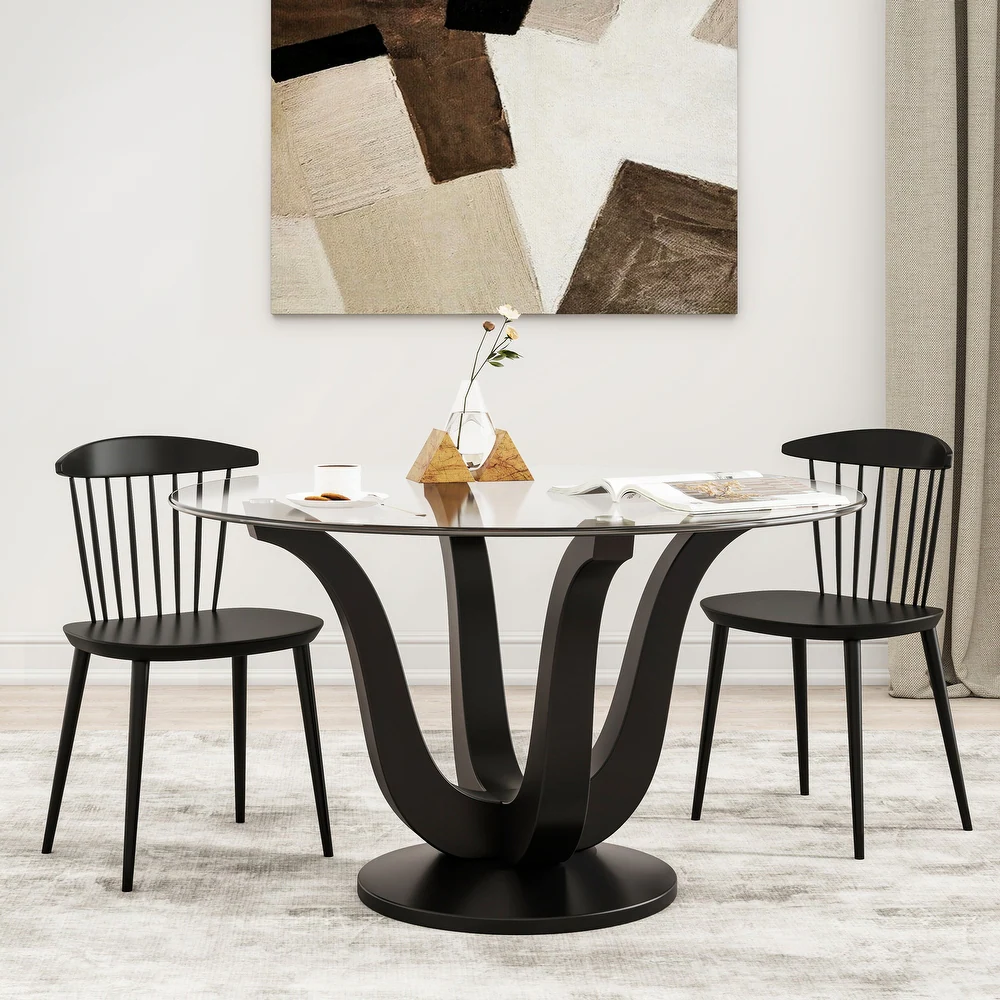 Round Glass Top Solid Wood Base Dining Table -51.18 in. W X 51.18 in. L ...