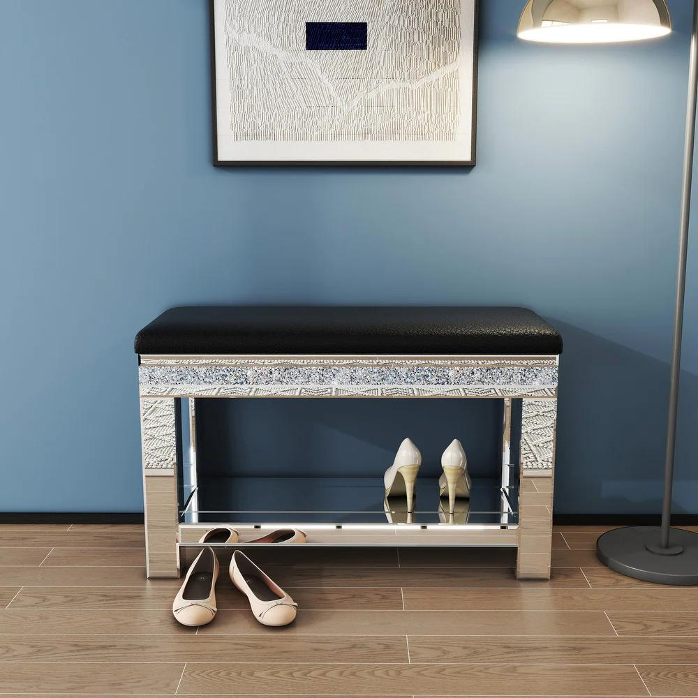 SHYFOY Crushed Diamon Mirrored Bench Shoe Storage