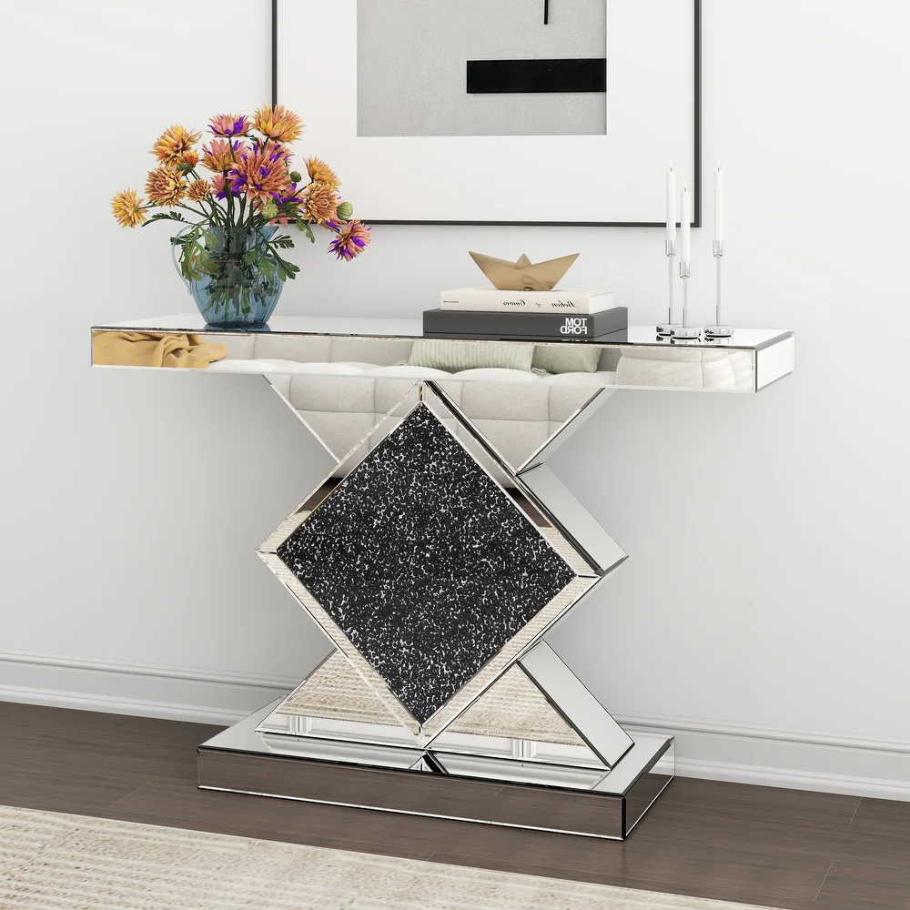 Mirrored Console Table with Black Crushed Diamond Inlay