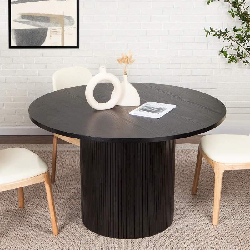 Modern Round Fluted Pedestal Black Dining Table
