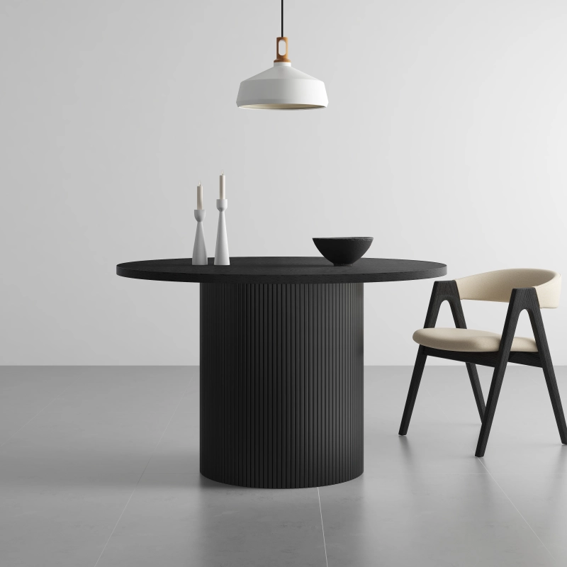 Modern Round Fluted Pedestal Black Dining Table