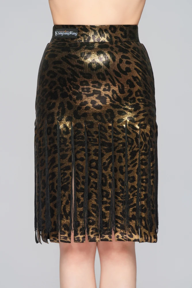 Women's Shiny Leopard Print Fringe Strip Latin Skirt（Black Gold）#251133