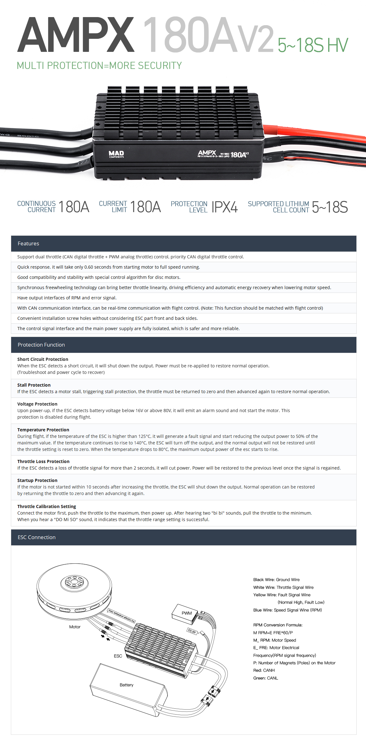AMPX 180A (5-18S) Drone ESC