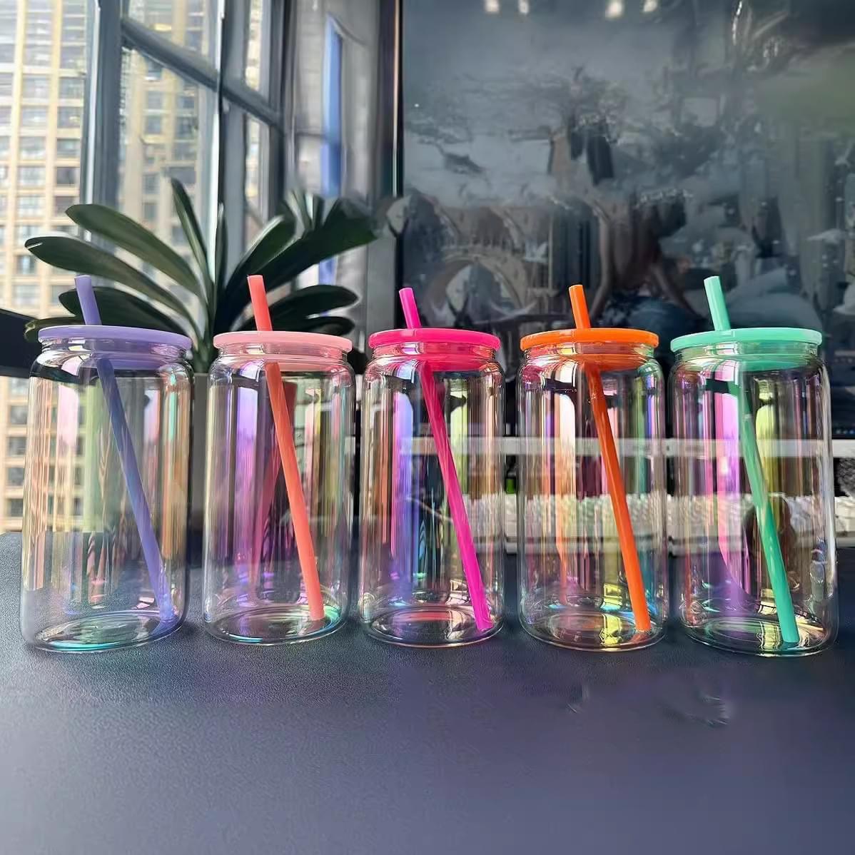 16oz rainbow iridescent glass cans for sublimation and uv dtf wraps