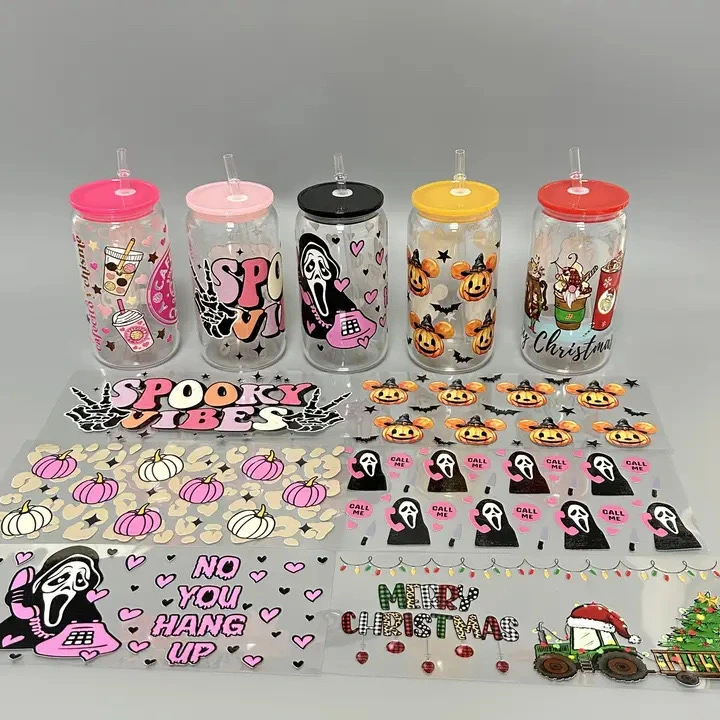 Seven UV DTF Sticker Wraps for 16oz Glass Cans