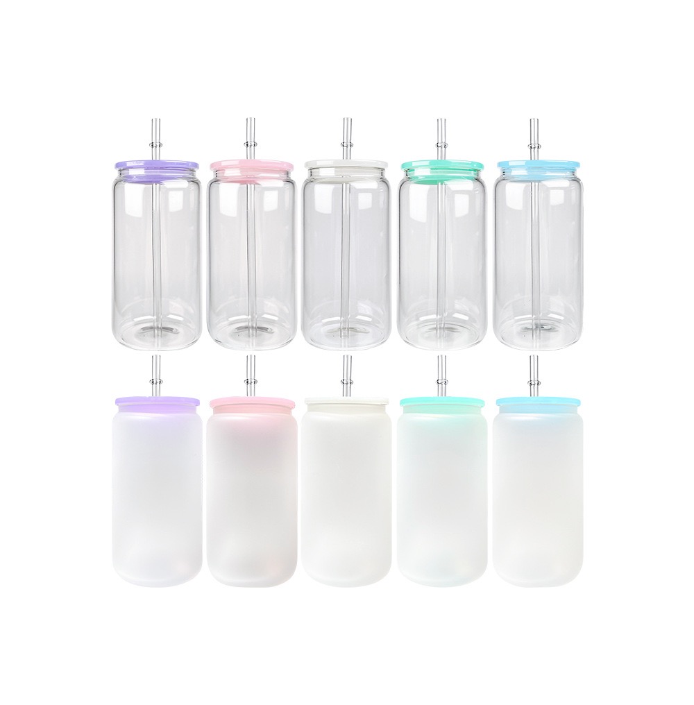 Fiona 16oz Sublimation Clear Frosted Glass Cups With Mixed Colored PP ...