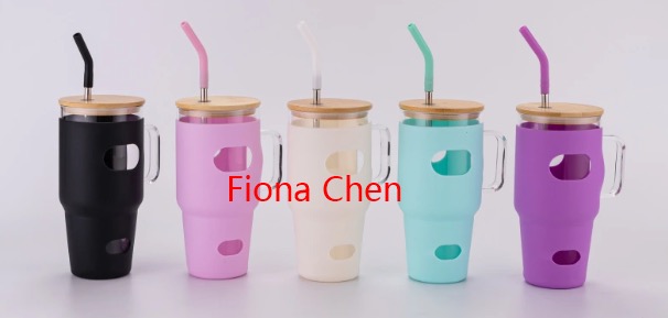 Fiona 32oz Glass Cups With Bamboo Lids and Handles Mixed Color