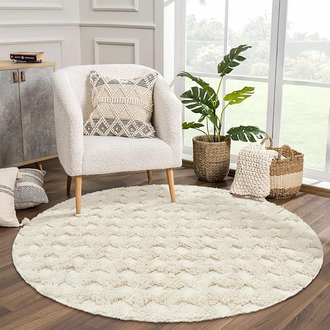 Checkered Boho Round Bathroom Rug 4ft, Farmhouse Checkerboard Washable ...