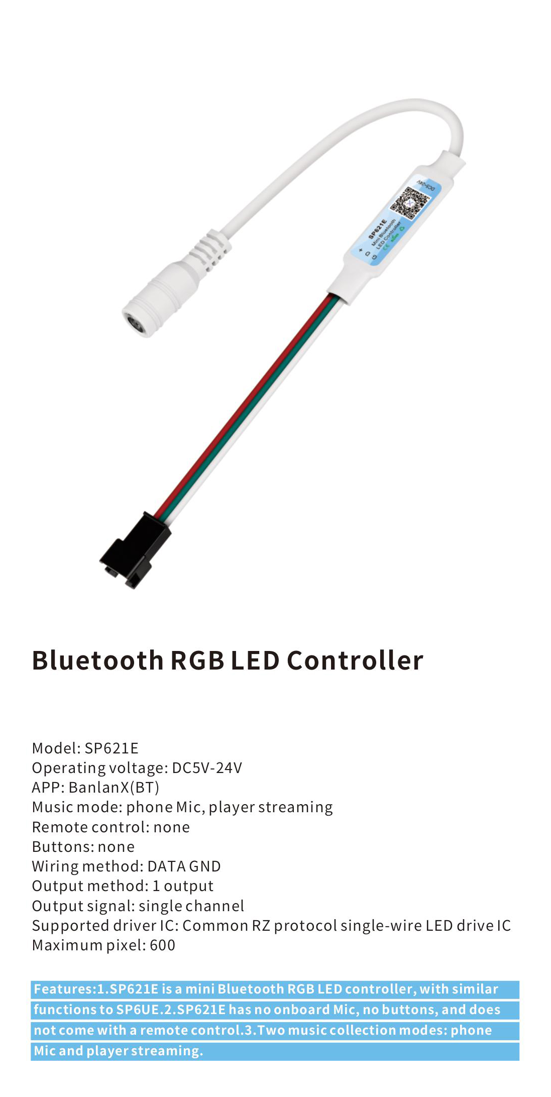 SP621E Bluetooth RGB SPI LED Controller
